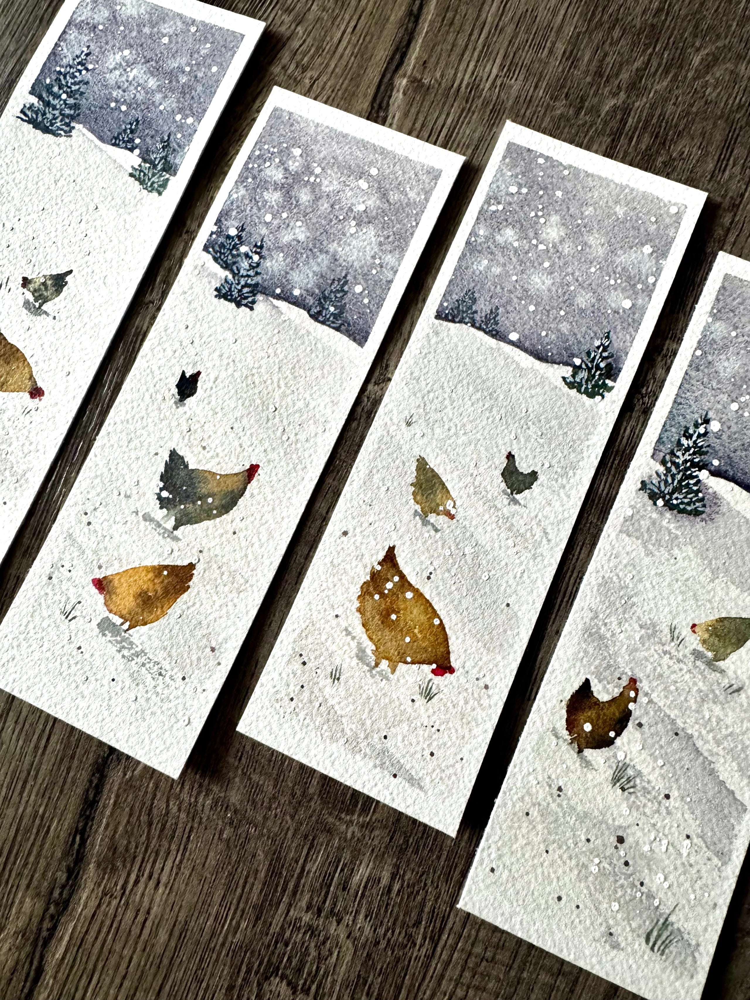 Hens in Snow - Original Watercolor Hand Painted Bookmark | My Handmade ...